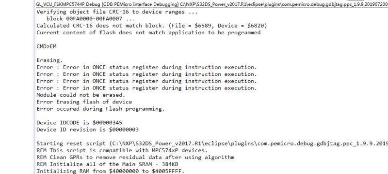mpc5744p download program happen error :Error in ONCE status register ...