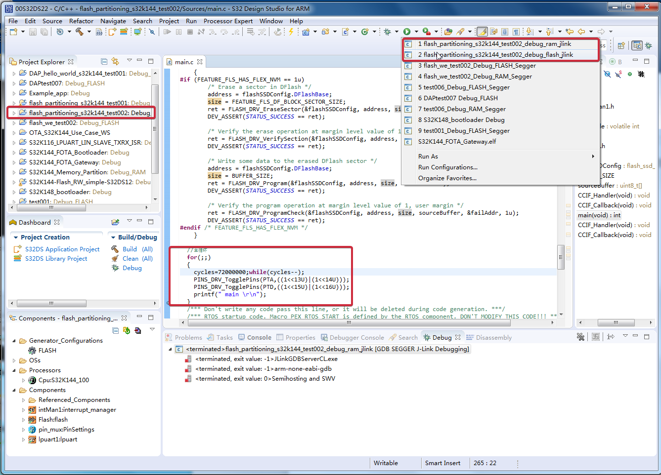 running the example "flash_partitioning_s32k144" from RAM is OK，but Flash is Err! - NXP Community