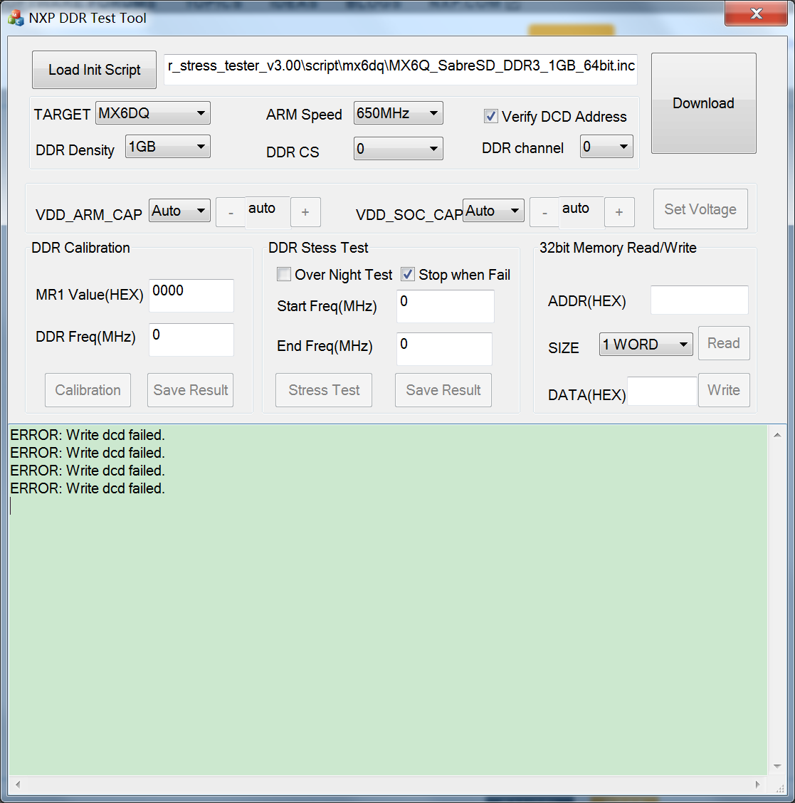 report 'Write DCD failed' when run IMX6D DDR3 stress tester - NXP Community