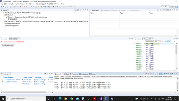 Error : Error in ONCE status register during instruction execution ...