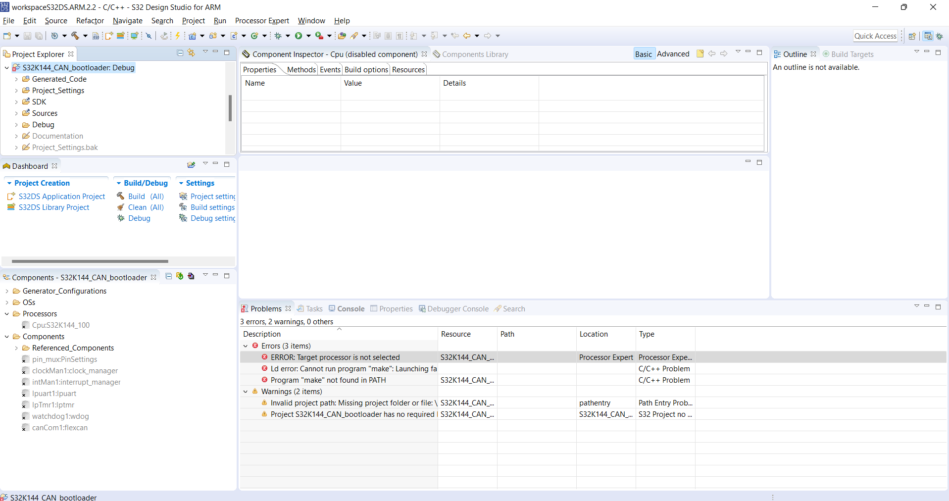 Trying to open Kinetis Project for CAN_Bootloader_s32k144 in S32DS ...
