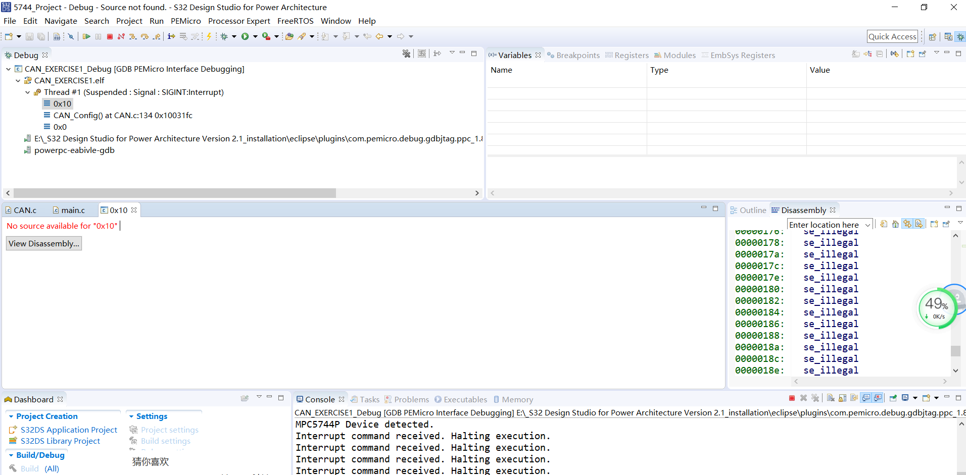 MPC5744，when debugs,why it shows " No source available for 0x10 ...