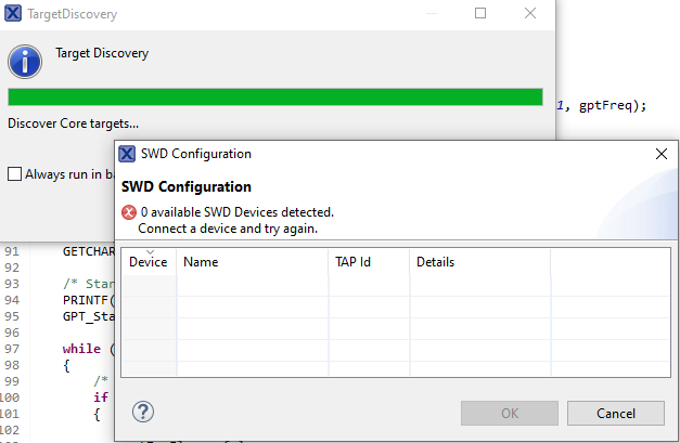 Solved: RT1170 EVK MCUXpresso "SWD Configuration" 0 available SWD ...