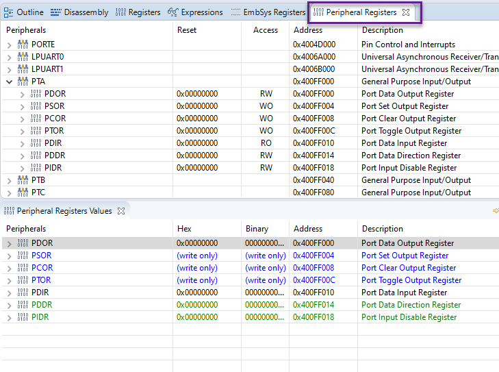 PDOR,PDIR register in Embsys Register window having status "not read ...