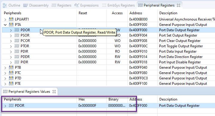 PDOR,PDIR register in Embsys Register window having status "not read ...