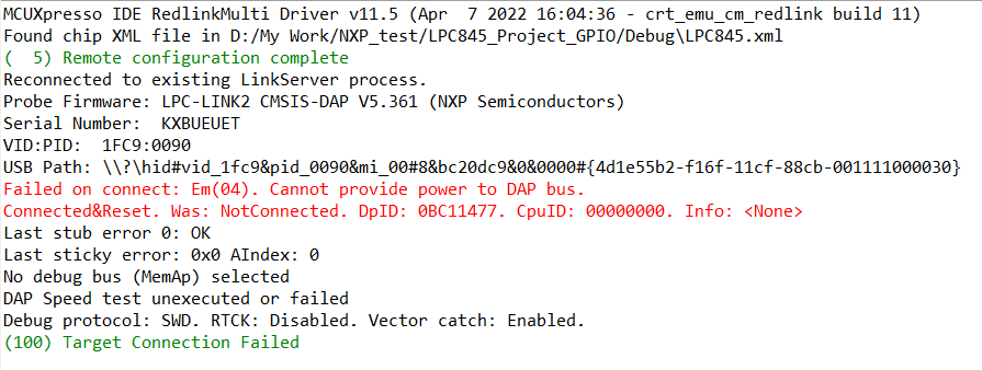 Failed on connect: Em(04). Cannot provide power to DAP bus. Connected ...
