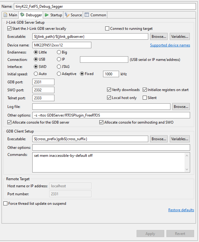 Solved: Kinetis Design Studio debugging KDS project on MK60FN1M0VMD12 with J-Link Failed to ...