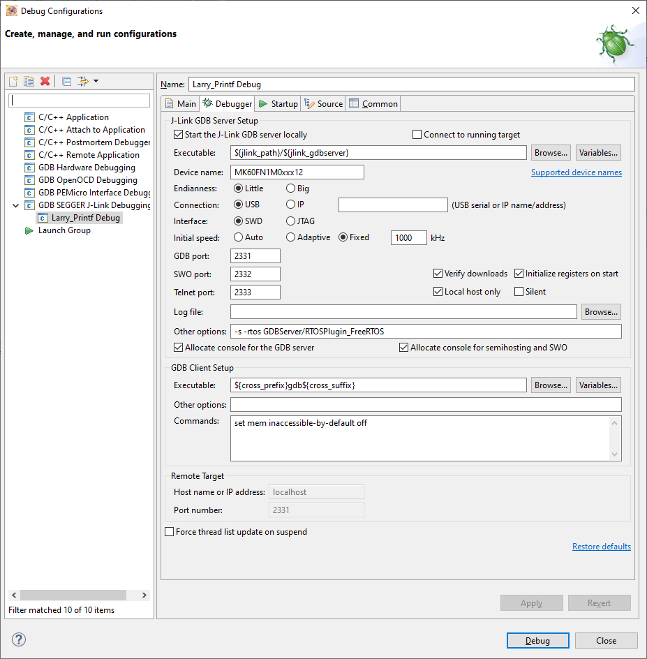 Solved: Kinetis Design Studio debugging KDS project on MK60FN1M0VMD12 with J-Link Failed to ...