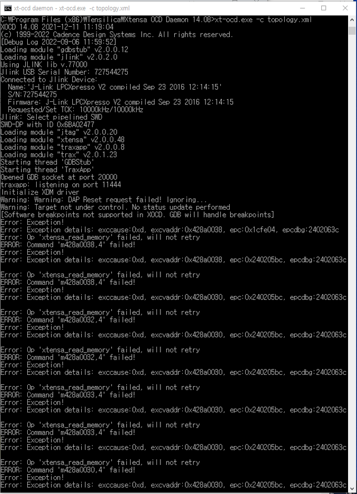 [MIMXRT685-AUD-EVK] 'xtensa_read_memory' failed on Xtensa OCD Daemon - NXP Community