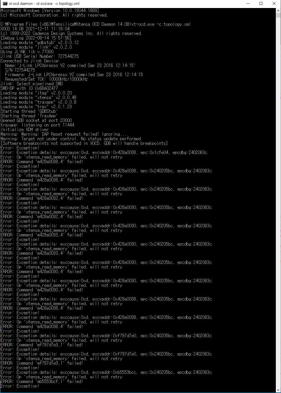 Re: [MIMXRT685-AUD-EVK] 'xtensa_read_memory' failed on Xtensa OCD Daemon - NXP Community