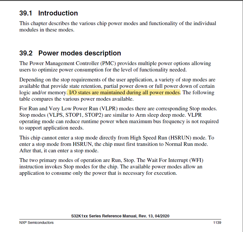 S32K144 GPIO state in VLPS mode - NXP Community