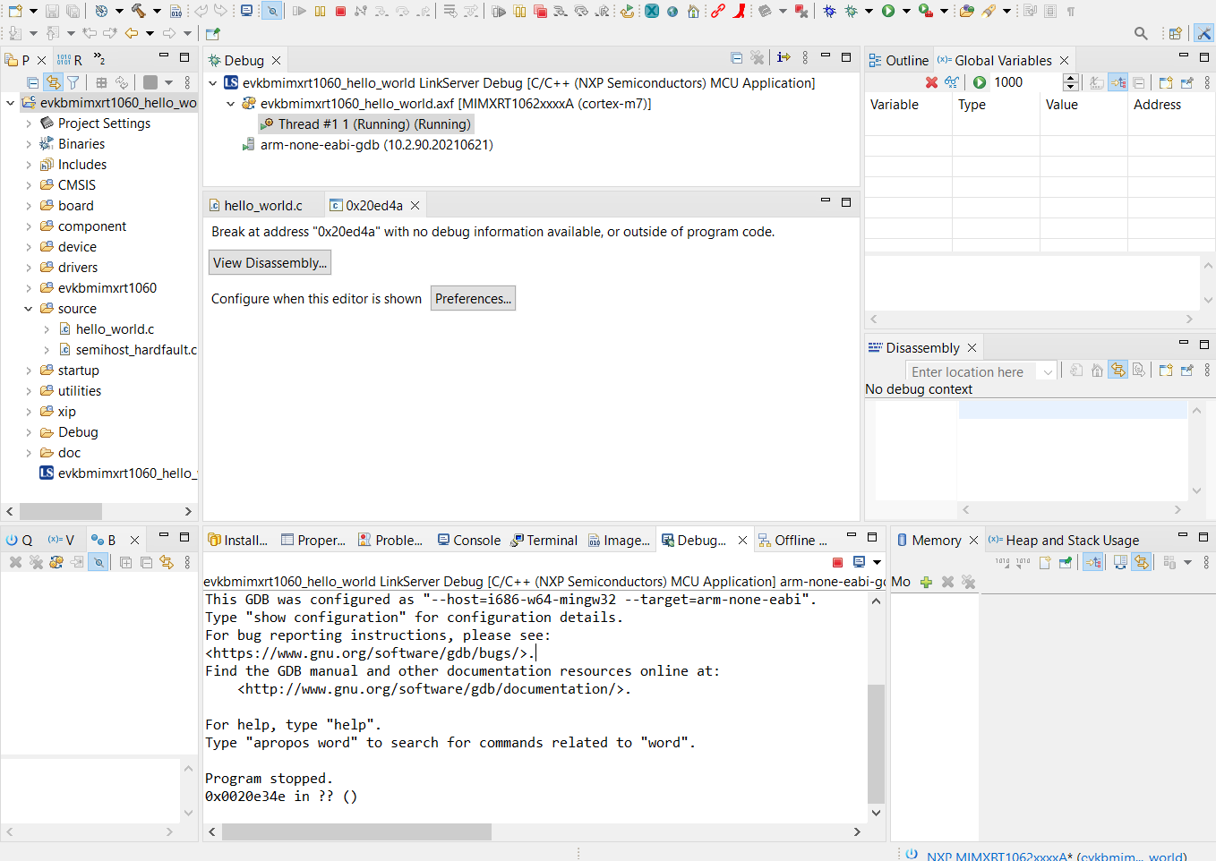breaks at address "0x20ed4a" with no debug information available, or ...