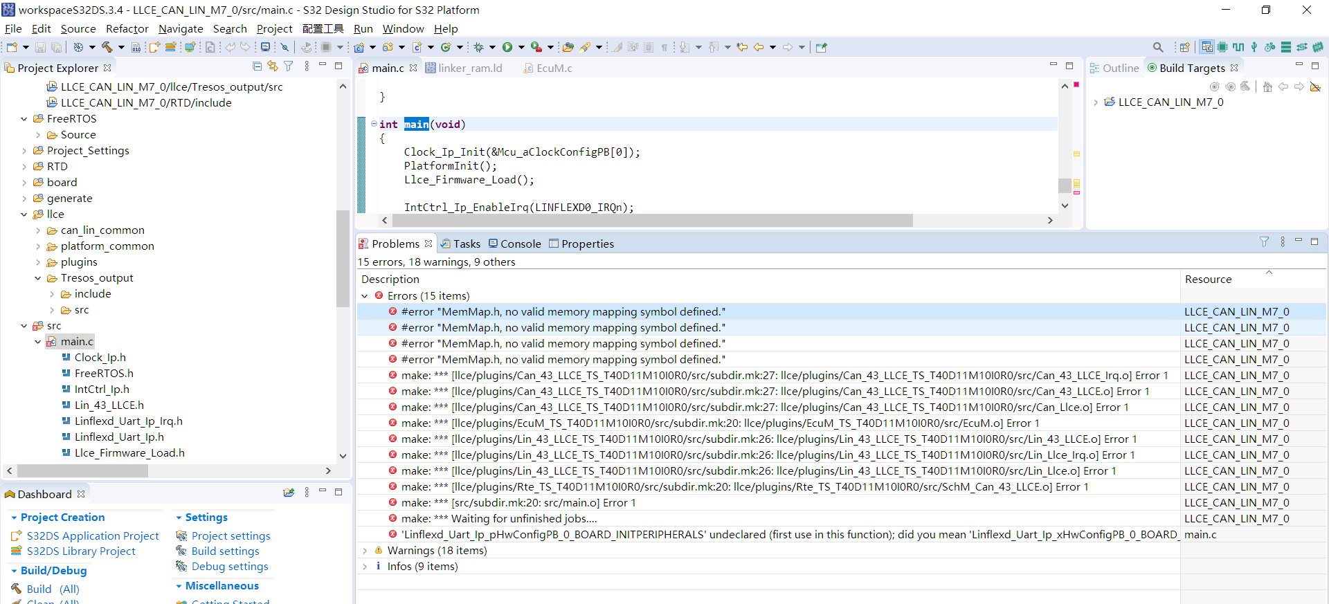 INTEGRATE LLCE_CAN/LIN(MCAL DRIVER) TO S32DS 3.4 ,But S32 DS Bulid ...