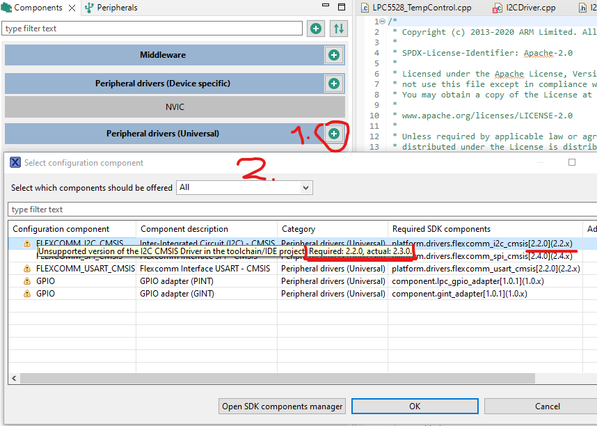 Solved: Peripherals Tool: "unsupported version of the I2C CMSISDriver in the toolchain/IDE ...