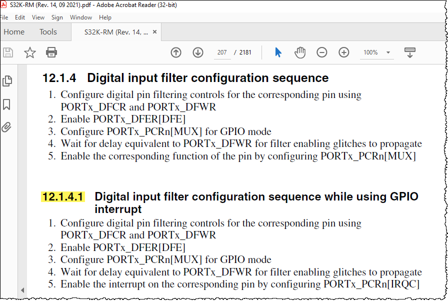 Solved: S32K1 GPIO input, falling-edge interrupt with digitalfilter, but entering IRQHandler ...