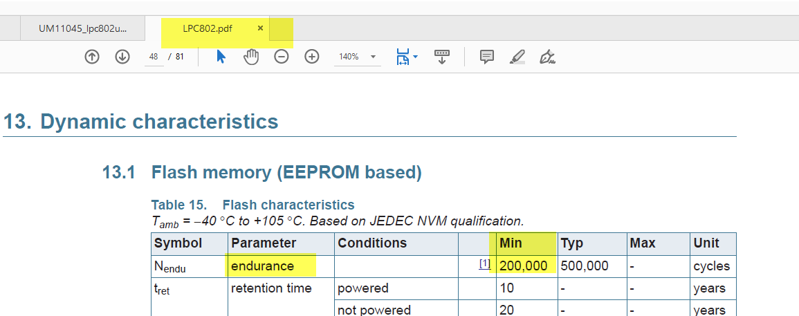 LPC flash characteristics (erased state, erase/prog size, endurance ...