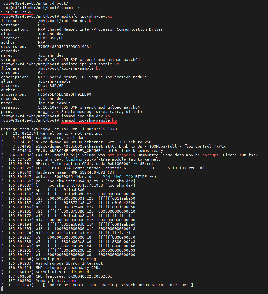 Solved: Problem: S32R45 IPCF insmod ipc-shm-sample.ko mod ERROR: Invalid parameters. - NXP Community
