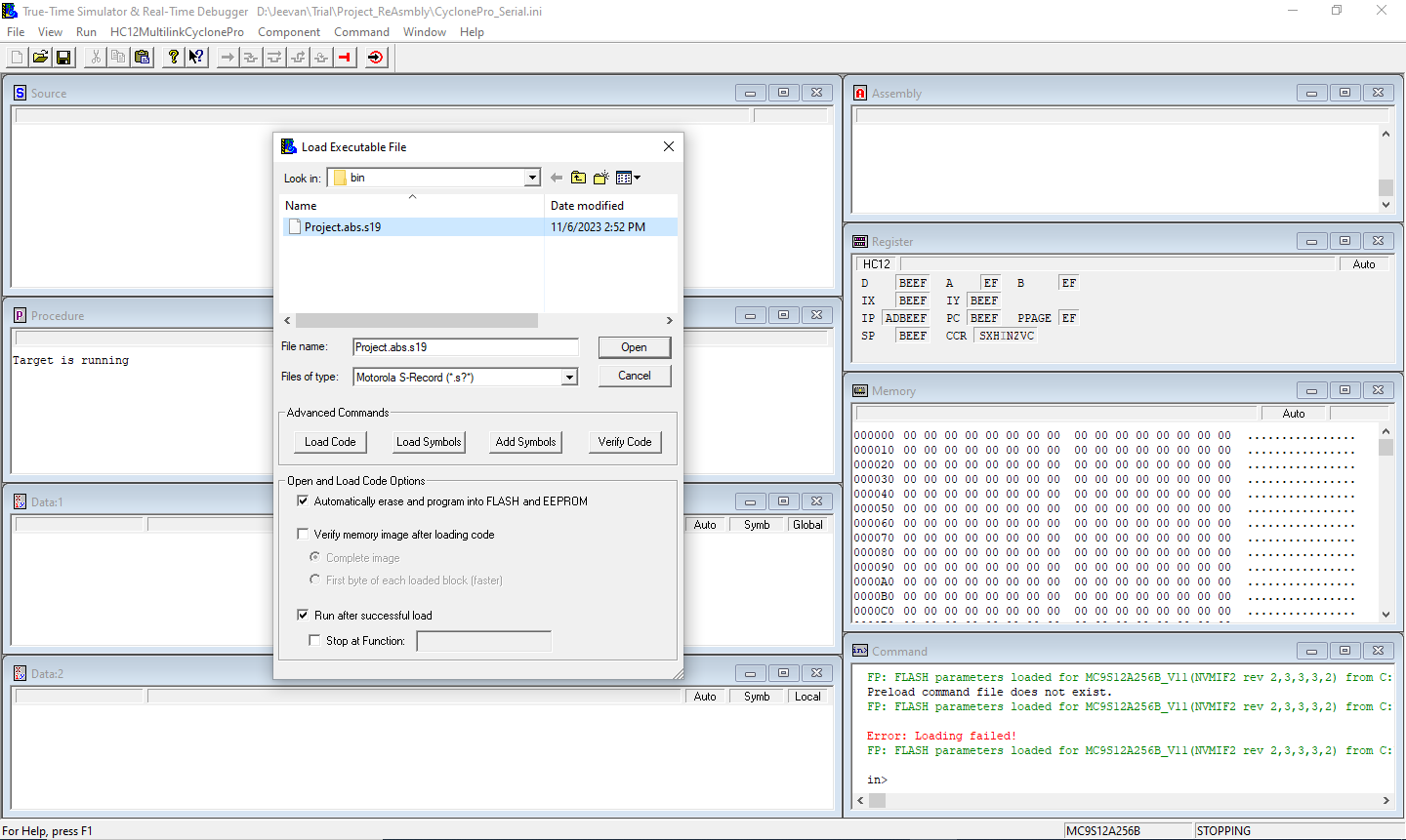 Dump/Flash the .hex file generated to the MC9S12A256 controller - NXP ...