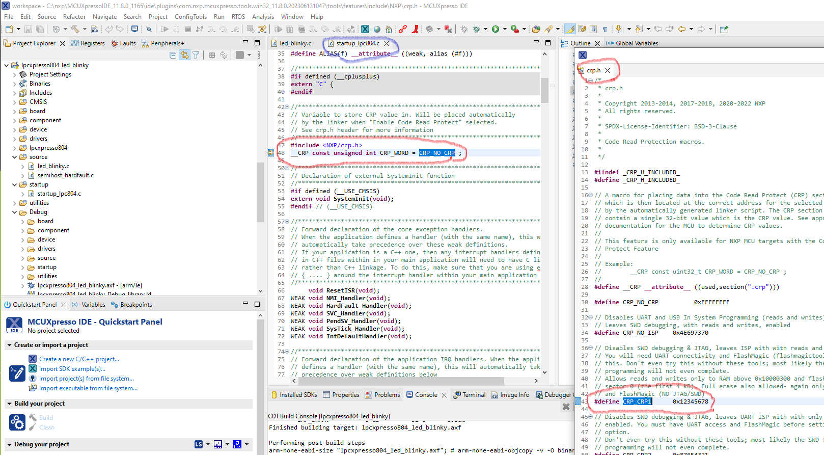 LPC824 I2C sample code build error"Linker CRP Enabled, but no CRP_WORD provided within ...