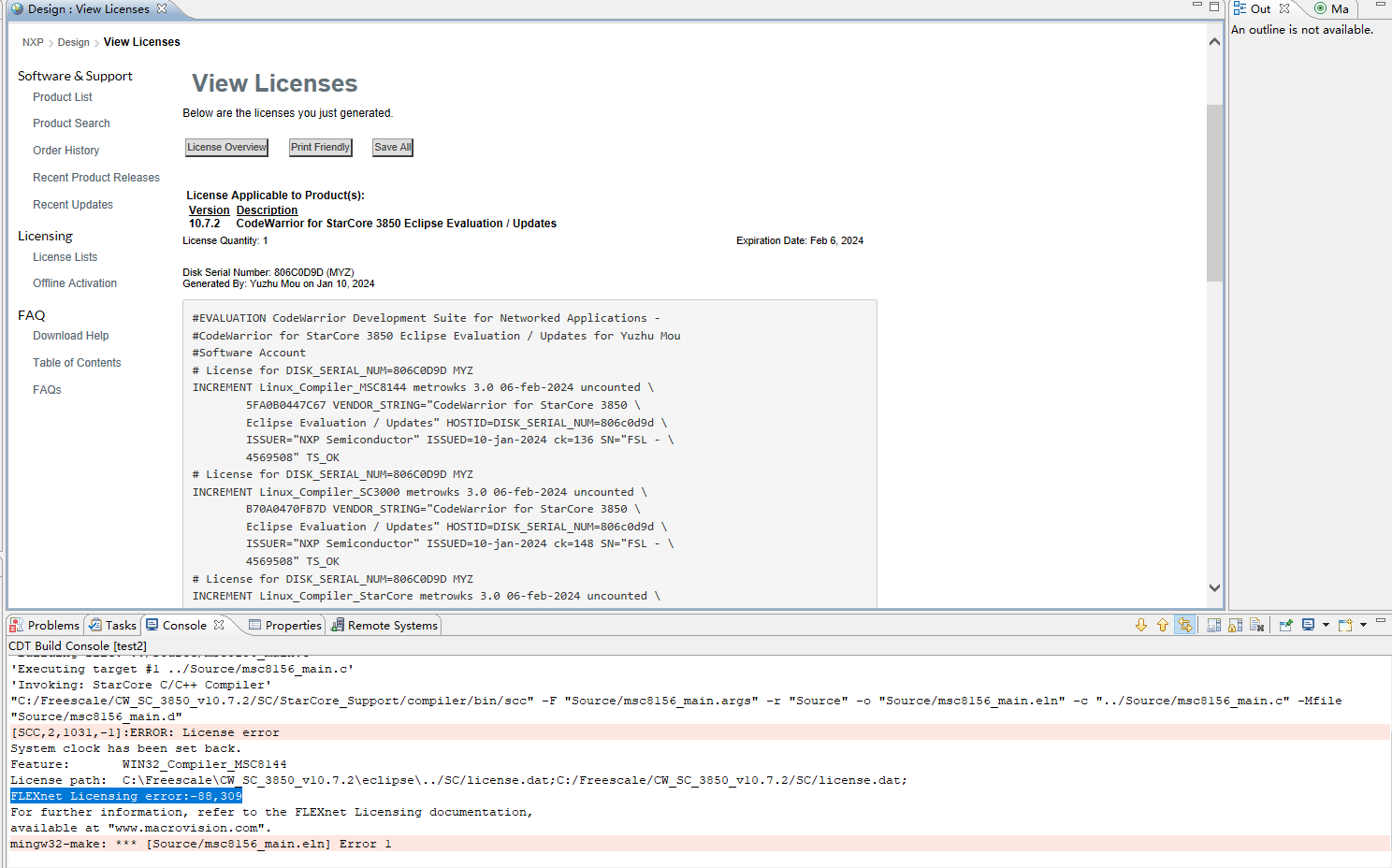 CodeWarrior for StarCore 3850 Eclipse Evaluation v10.7.2 license error ...