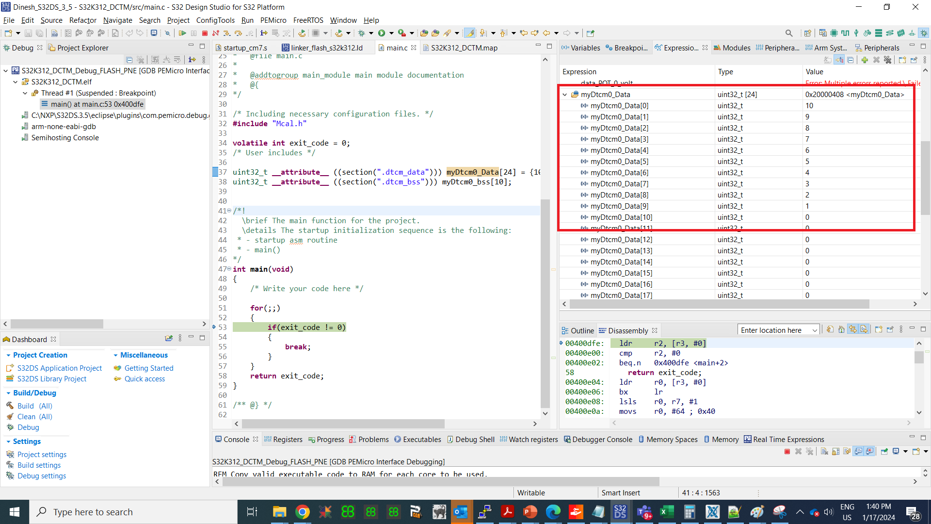 Example S32K312 placing variables in DCTM & code in ICTM DS3.5 RTD300 ...