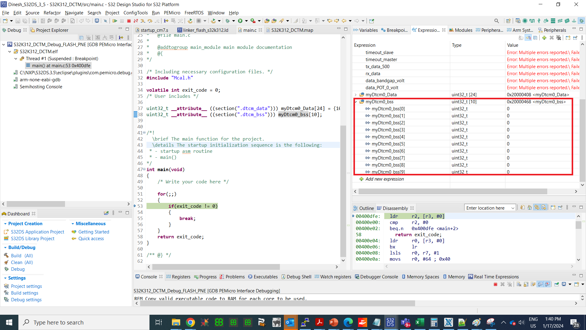 Example S32K312 placing variables in DCTM & code in ICTM DS3.5 RTD300 ...