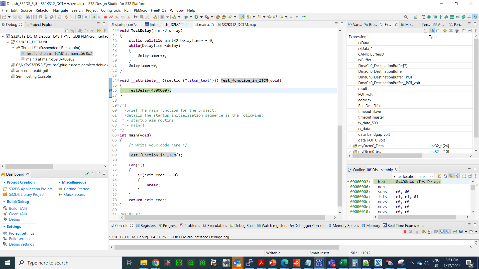 Example S32K312 placing variables in DCTM & code in ICTM DS3.5 RTD300 ...