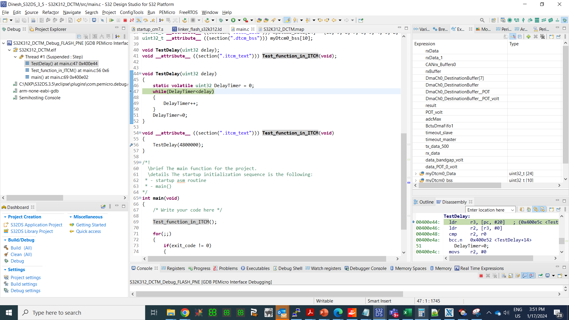 Example S32K312 placing variables in DCTM & code in ICTM DS3.5 RTD300 ...