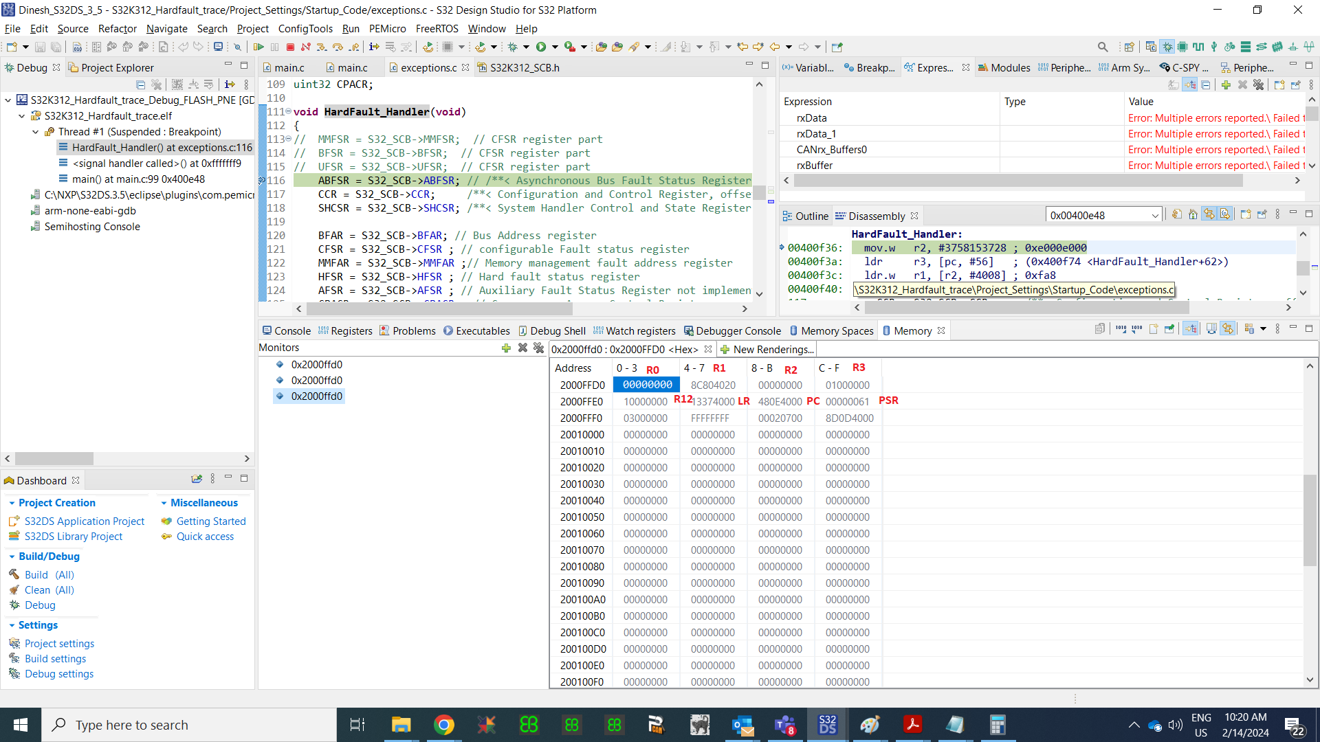 Example S32K312 HARDFAULT Handling Interrupt DS3.5 RTD300 - NXP Community