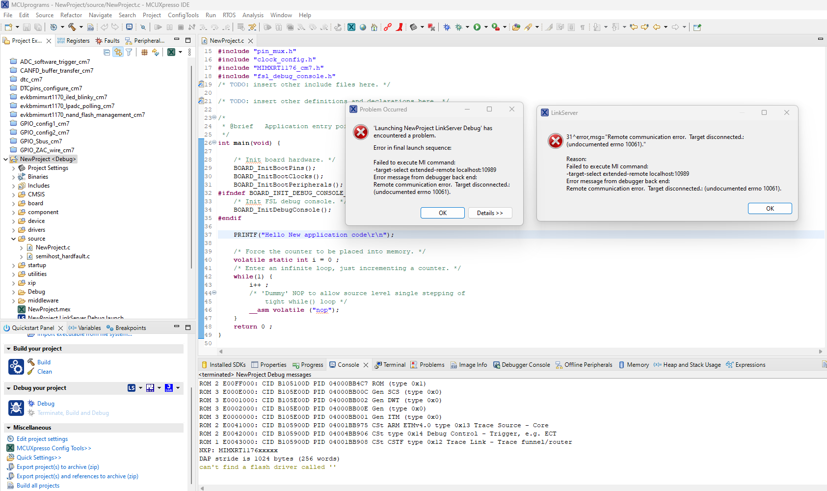Error Faced During Debugging A Newly Created Project In Mcuxpresso Ide