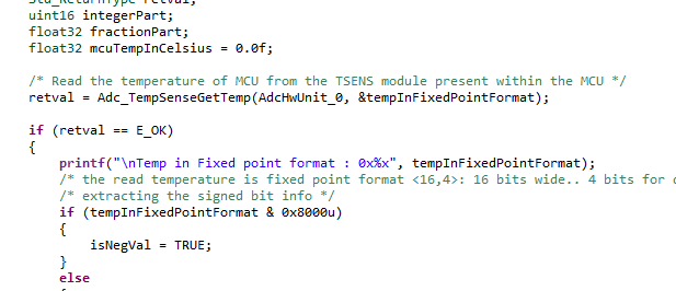 Reading the internal temperature of S32K388 using TEMPSENSE module ...