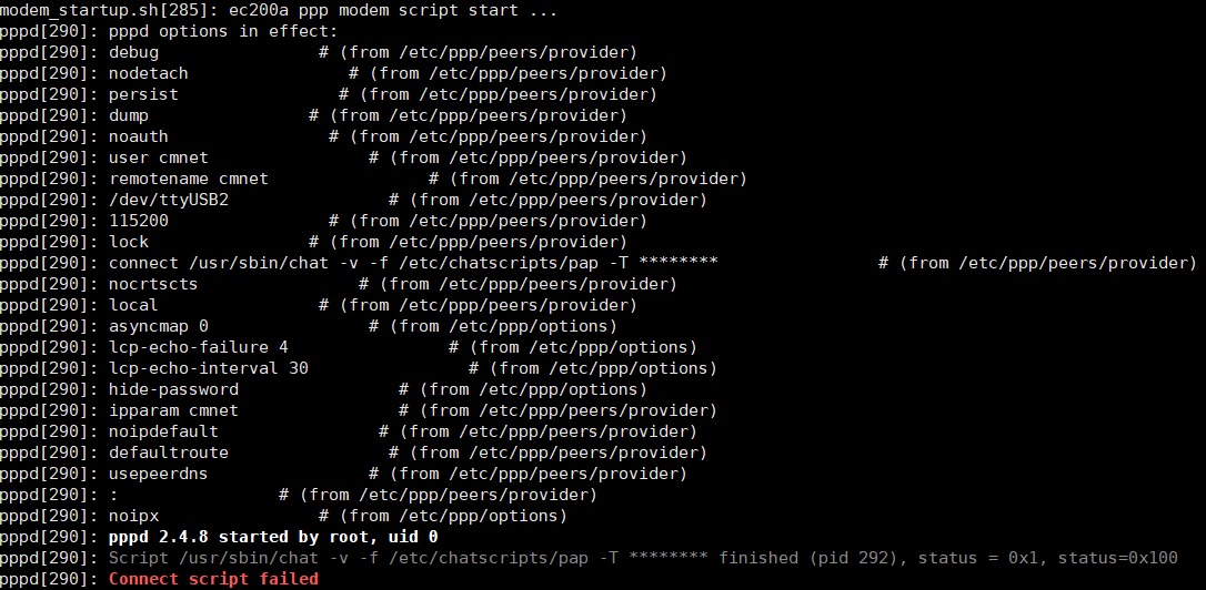 Quectel EC200A 4G module PPP ：chat -v -f pap, but Connect script failed ...