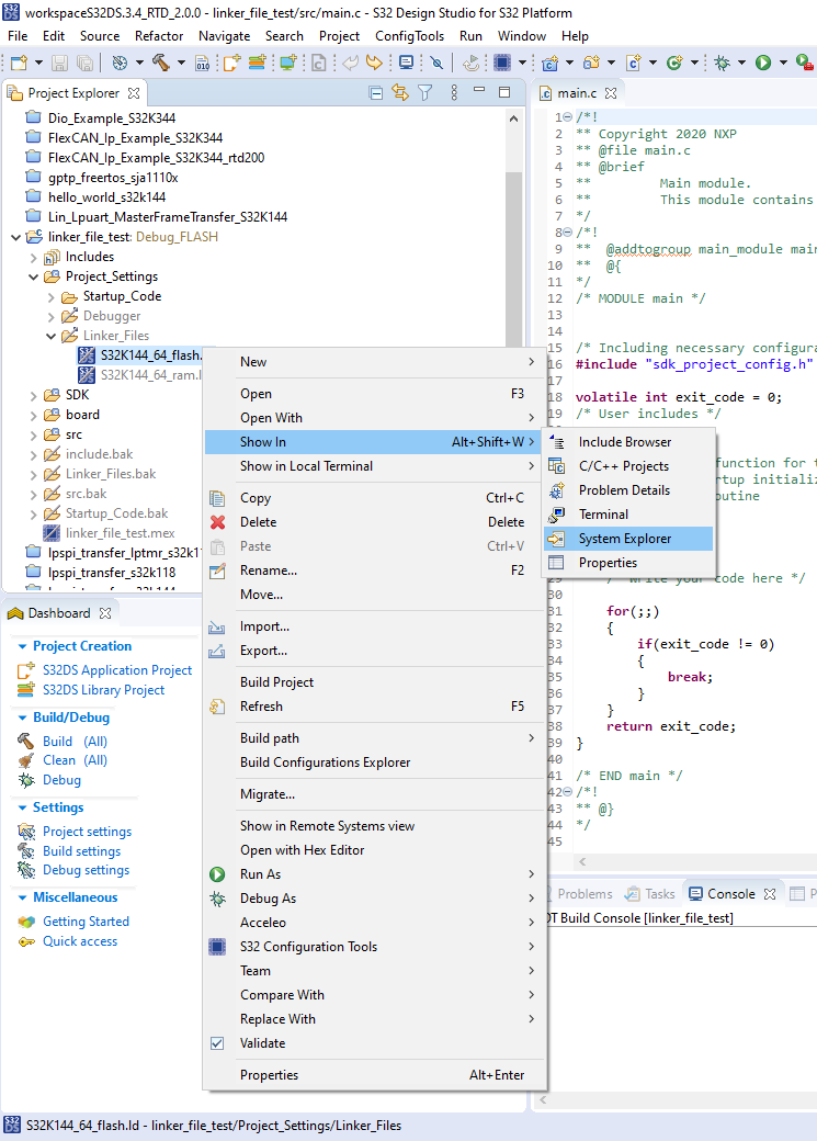 Solved: Storing linker file within project directory rather than S32DS S32k144 shared directory ...