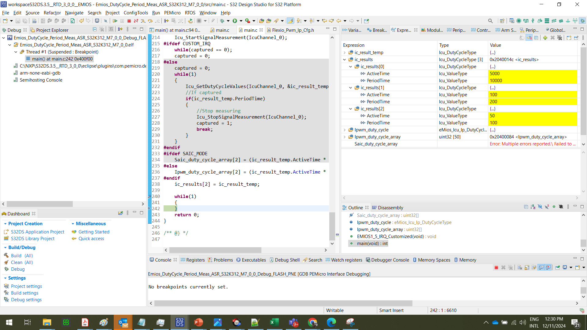 Example ASR S32K312 EMIO PWM Generation & Duty capture using Interrupt DS3.5 RTD300 - NXP Community