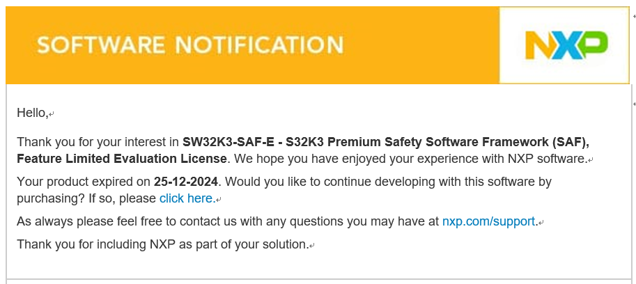 Extend Expiration date on SW32K3-SAF Premium evaluation - NXP Community