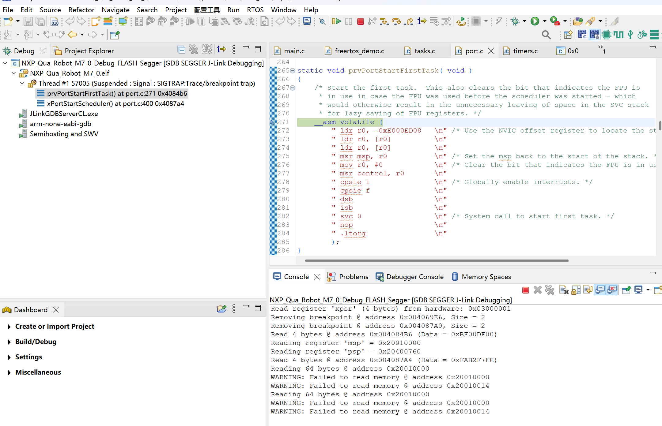 The program is stuck in the prvPortStartFirstTask function in FreeRTOS ...