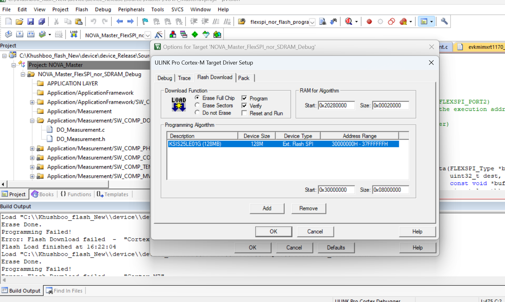 unable to program my flash using KEIL and ulink pro when changed flash ...