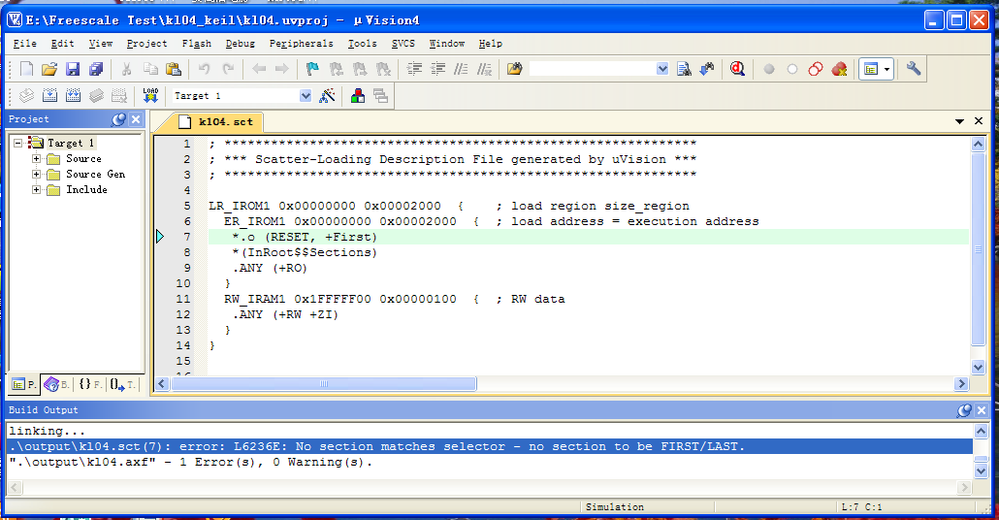 kl04.sct(7): error: L6236E: No section matches selector - no section to ...