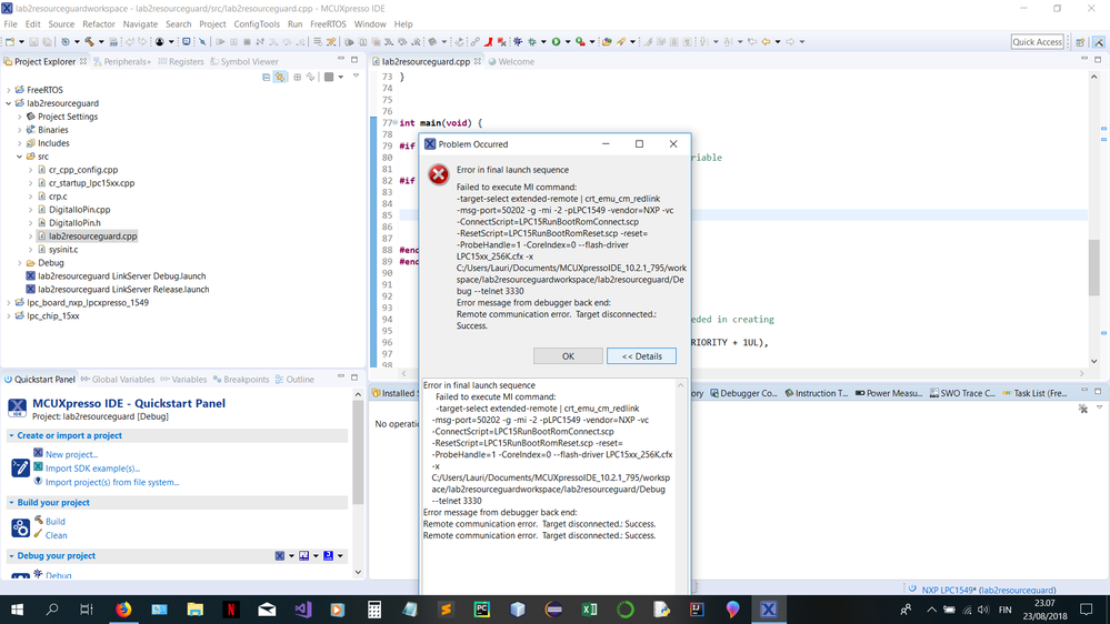 "no compatible probes available" debugging mcuxpresso, lpc1549, custom freeRTOS - NXP Community