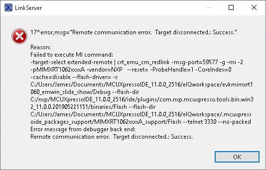 MCUxpresso error Ee(42) Could not connect to core. Fails on Windows 10 ...